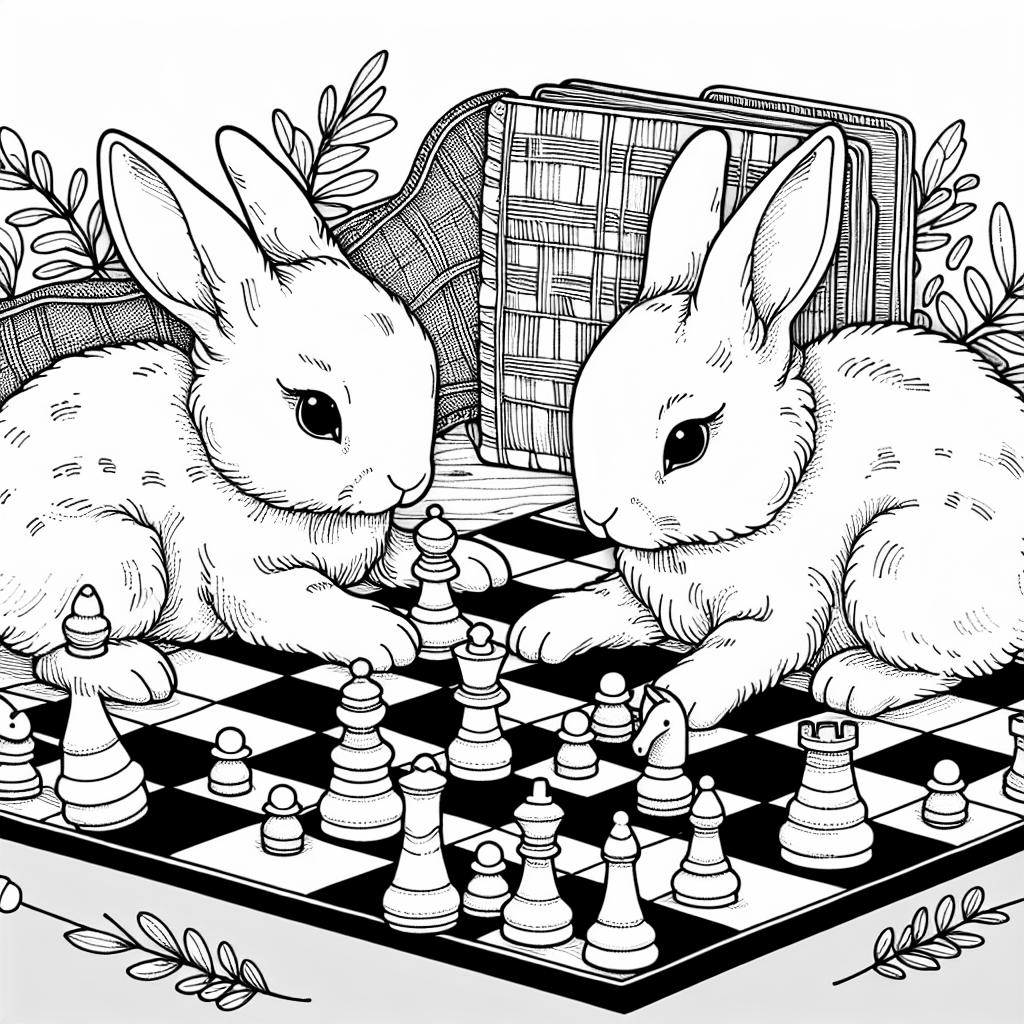 Rabbits Playing Chess Coloring Page