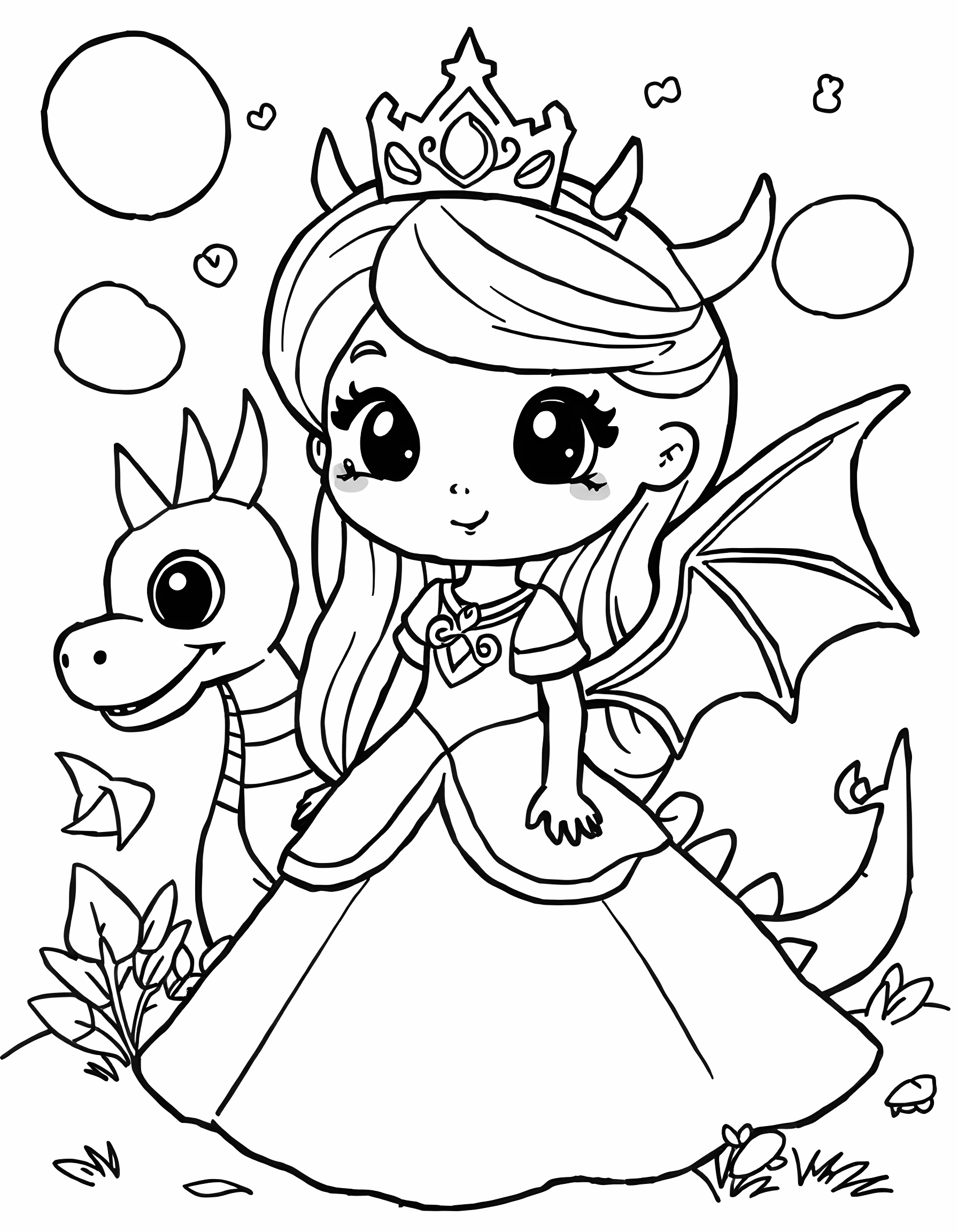 Princess Playing With Friendly Dragons In Front Of... Coloring Page