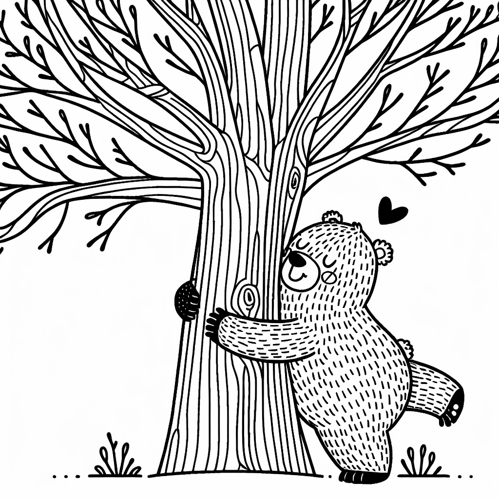 Grizzly Bear Hugging Tree Coloring Page