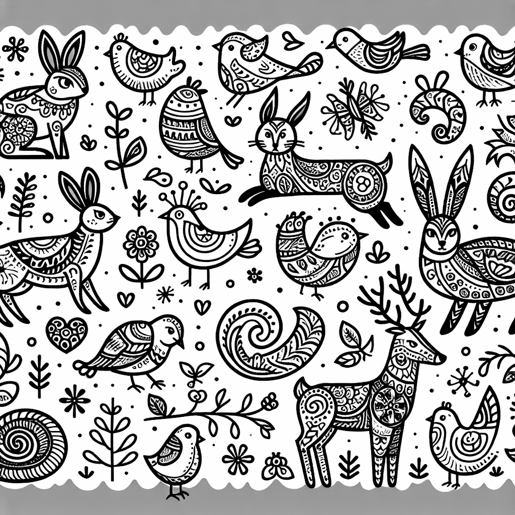 Folk Animals Doodles Coloring Page
