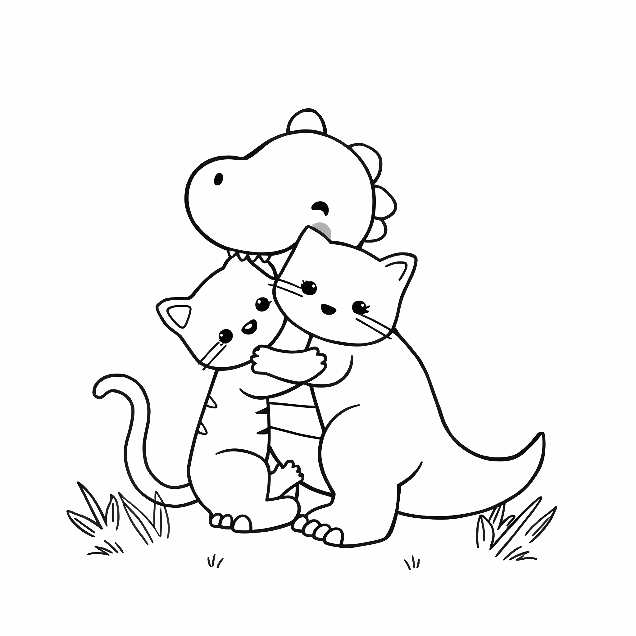 Dinosaur And Cat Hugging Coloring Page