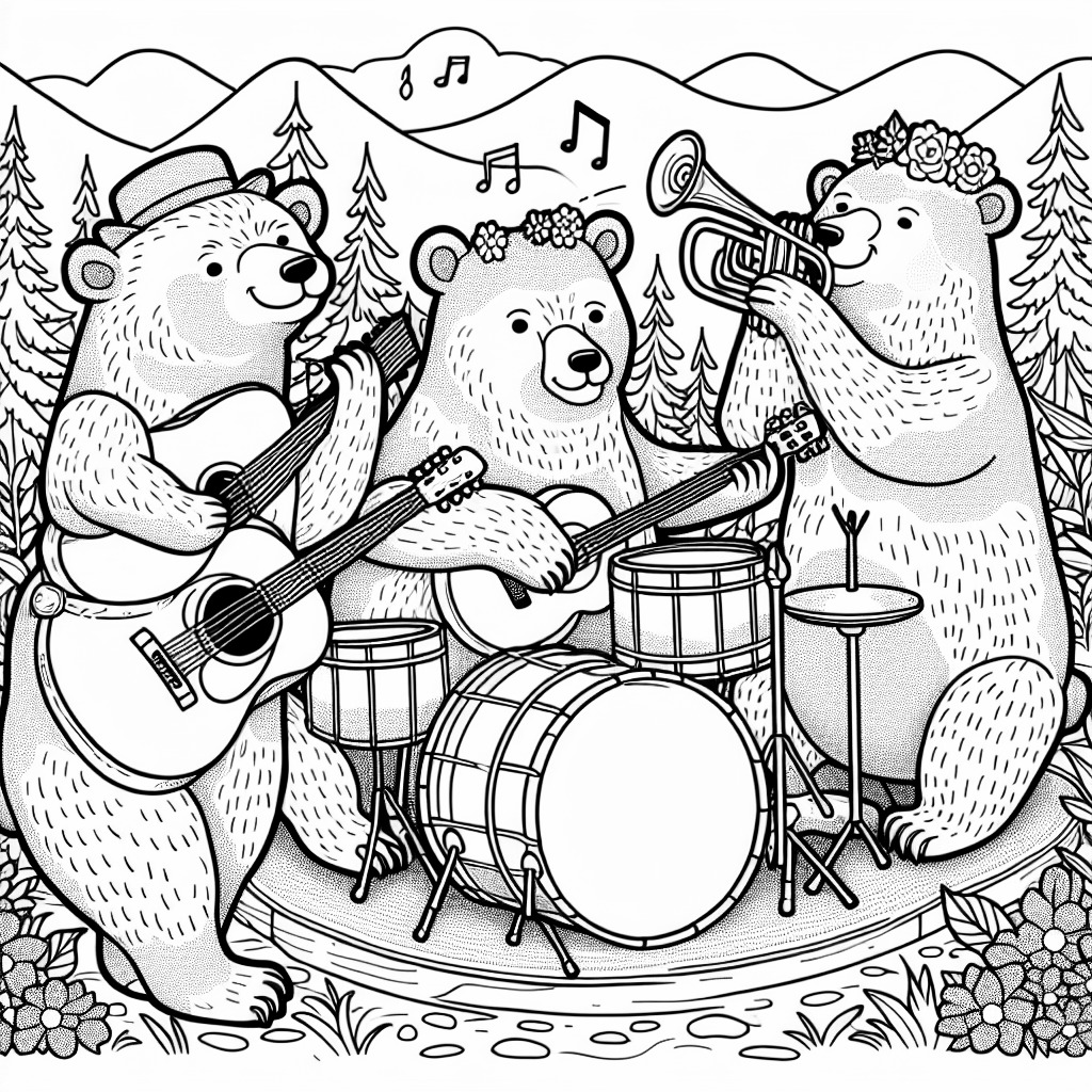 Bears Playing In A Band Coloring Page