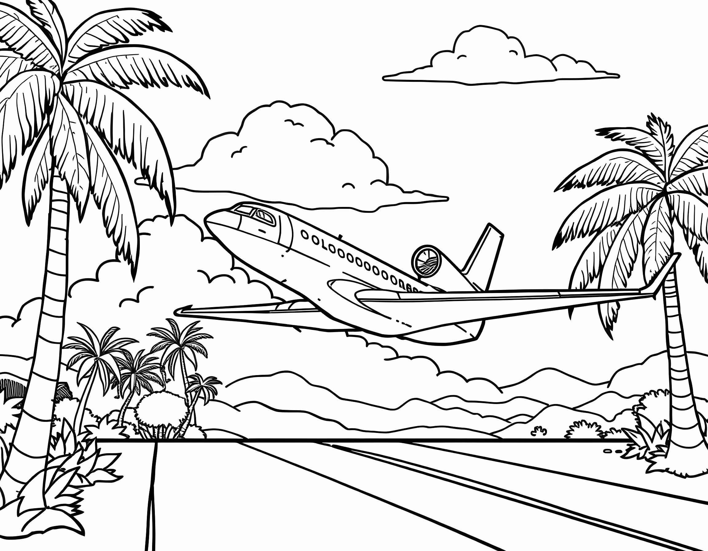 Airplane Taking Off From A Runway With Palm Trees... Coloring Page