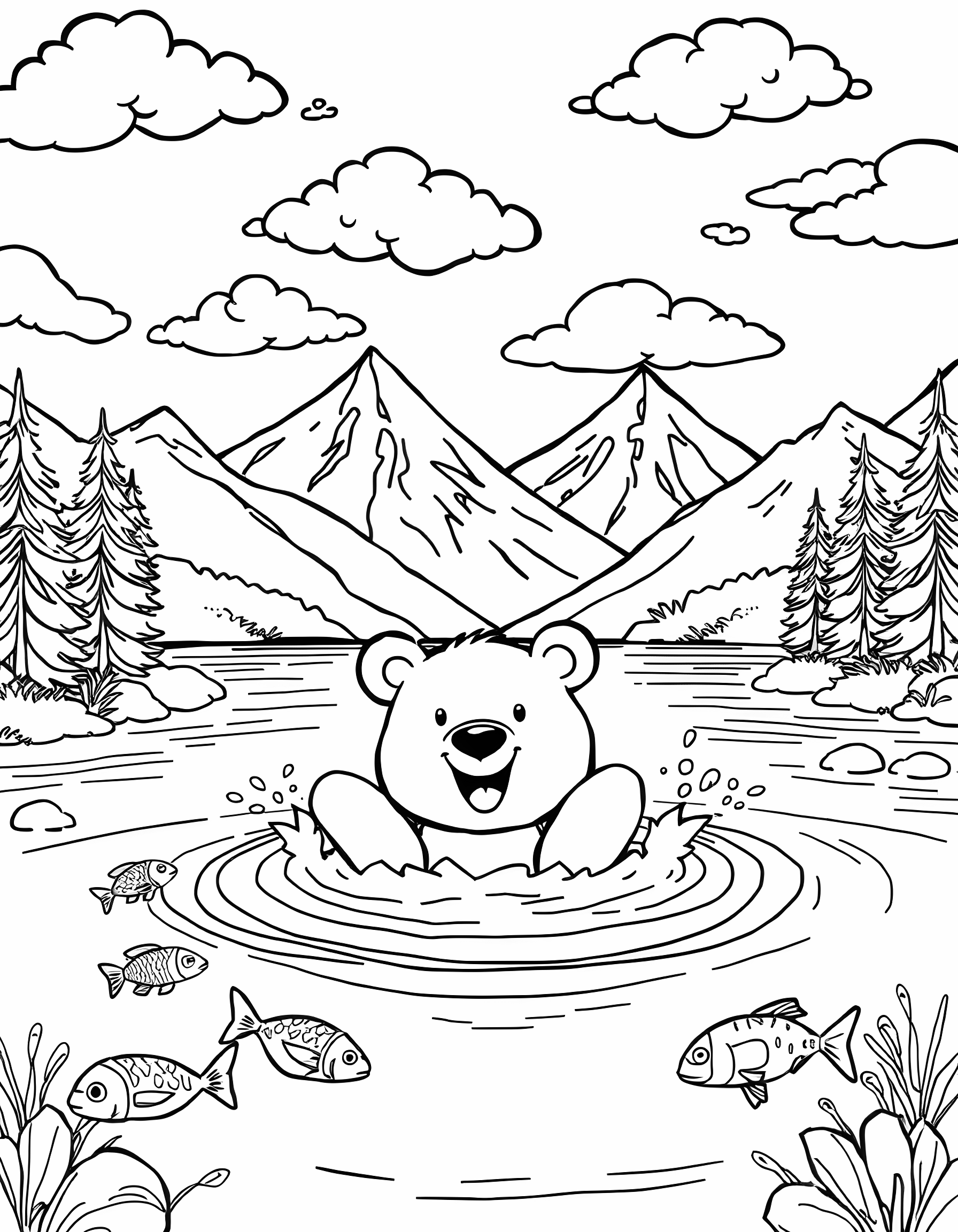 Bear Swimming In A Lake Coloring Page