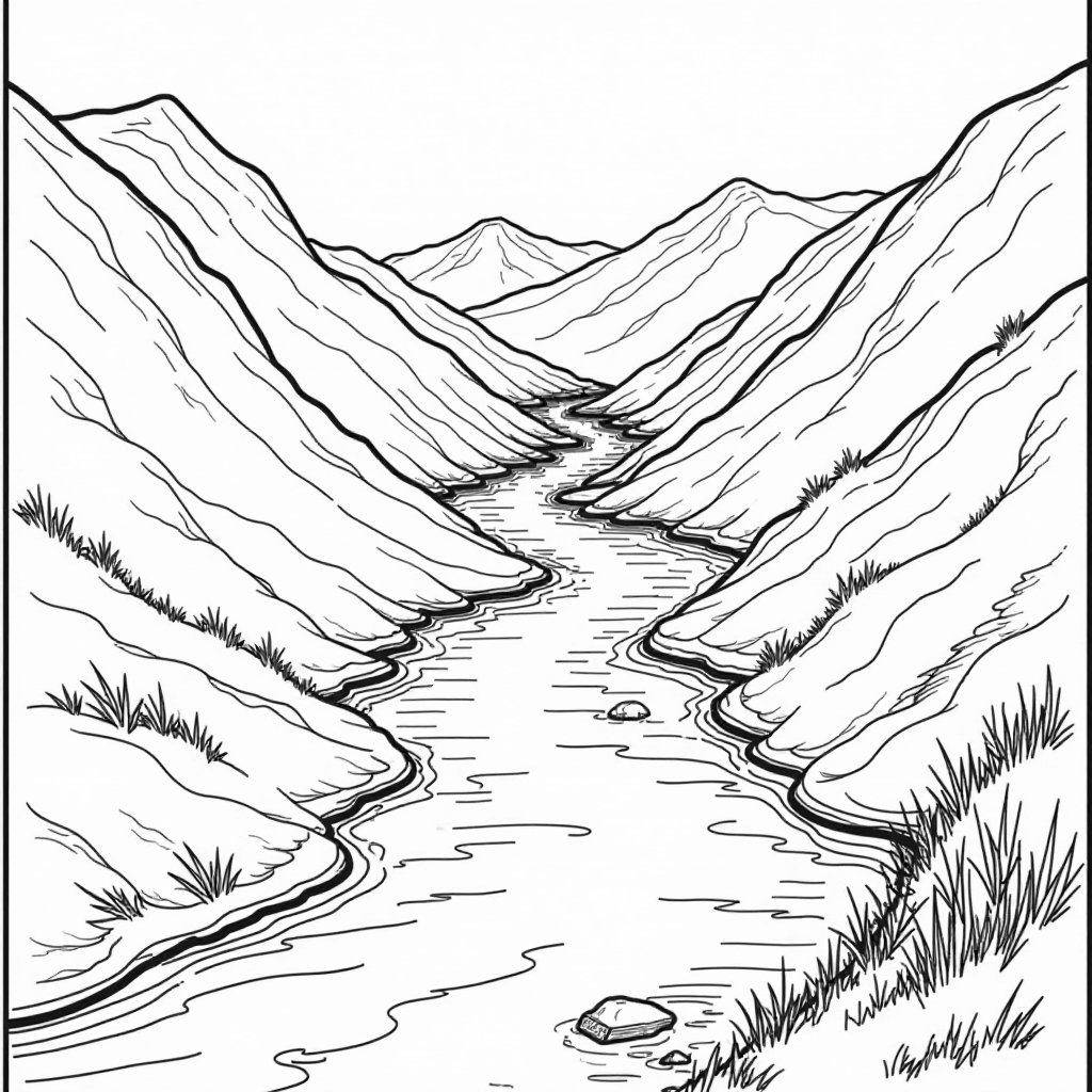 A River Flowing Between Valleys Coloring Page | Free Printable