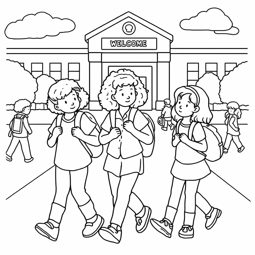 Girl Walking To School With Curly Long Hair Along... Coloring Page