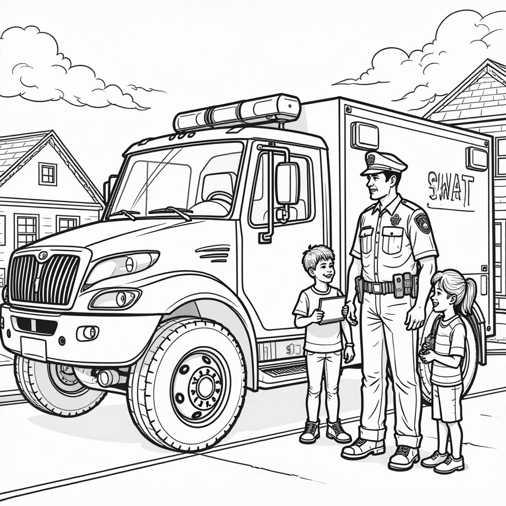 SWAT Truck Parked At A School Two Police Officers... Coloring Page ...