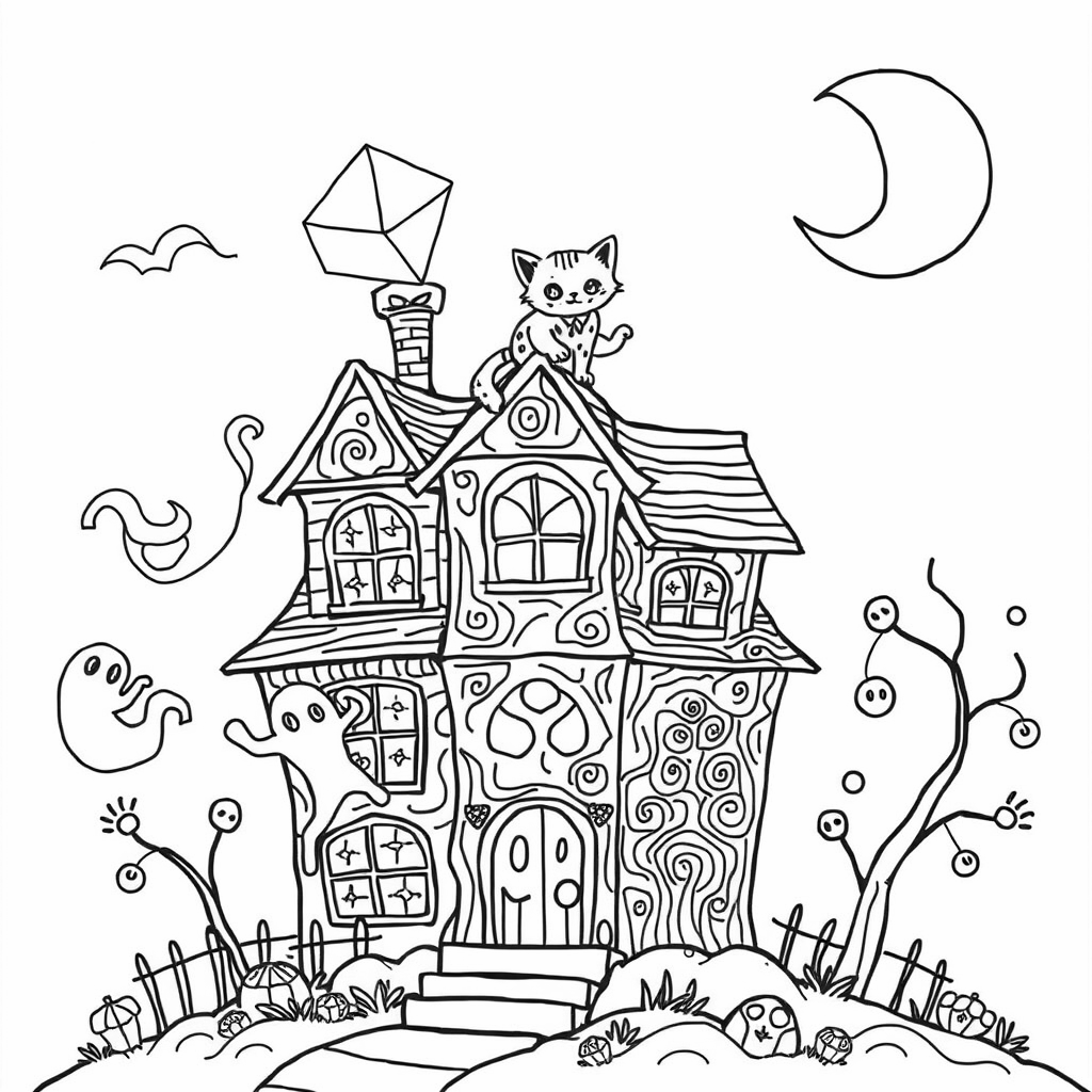 Draw A Haunted House With Ghosts And The Sky With... Coloring Page ...