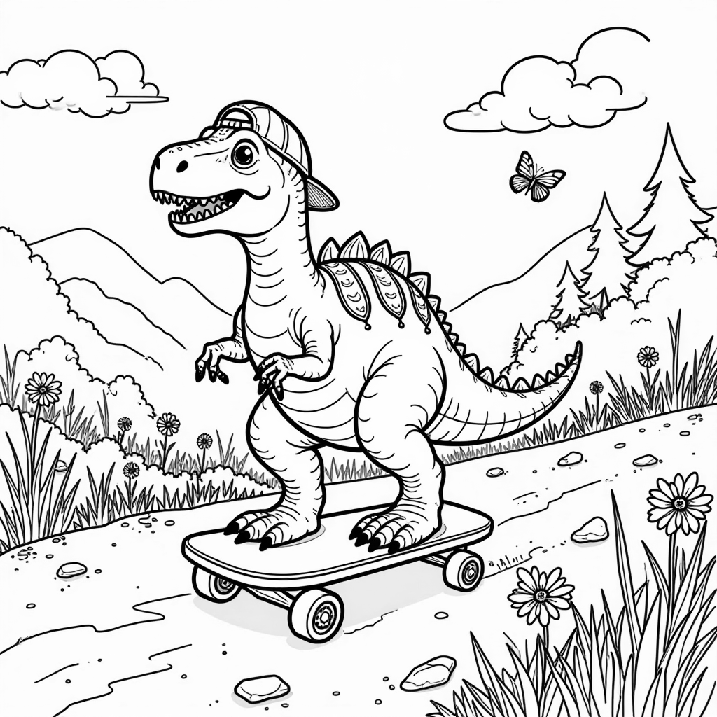 A Chunky Dinosaur With A Happy Face Riding A... Coloring Page | Free ...