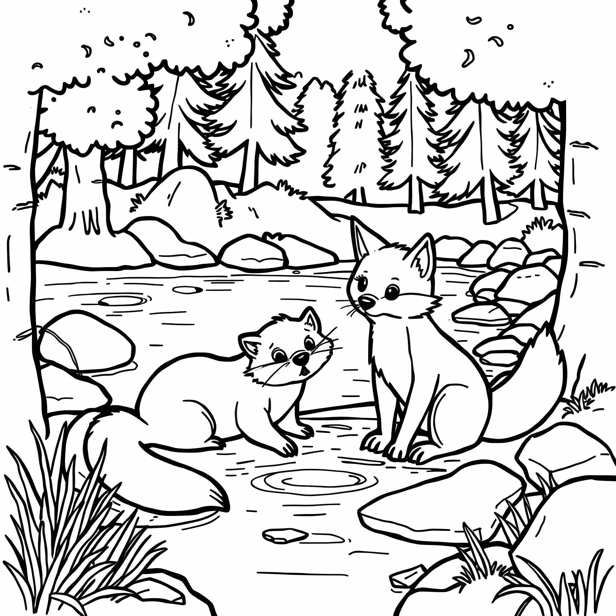 Otter And Fox Playing Coloring Page