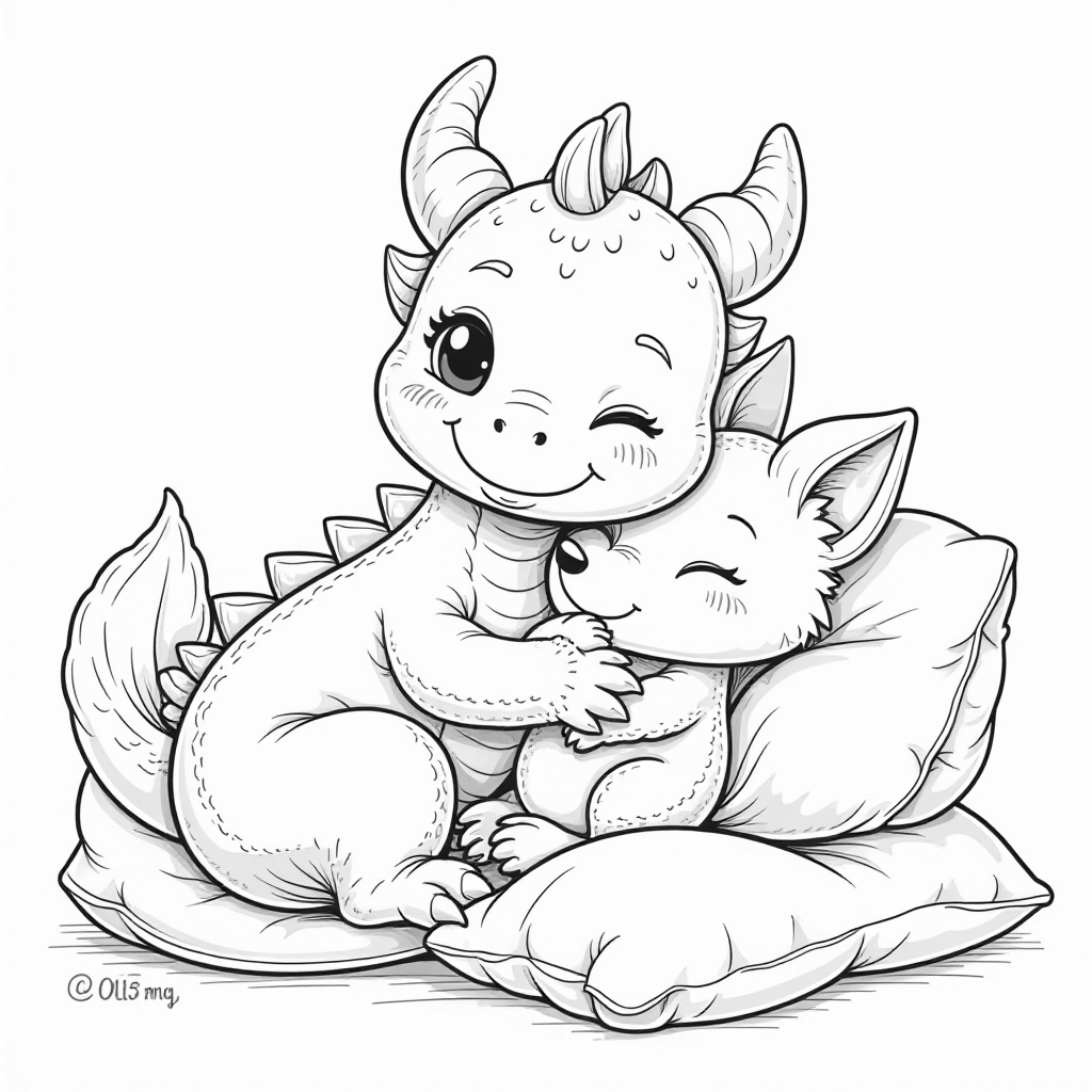 Dragon Cuddling A Stuffed Fox And Sleeping In A... Coloring Page