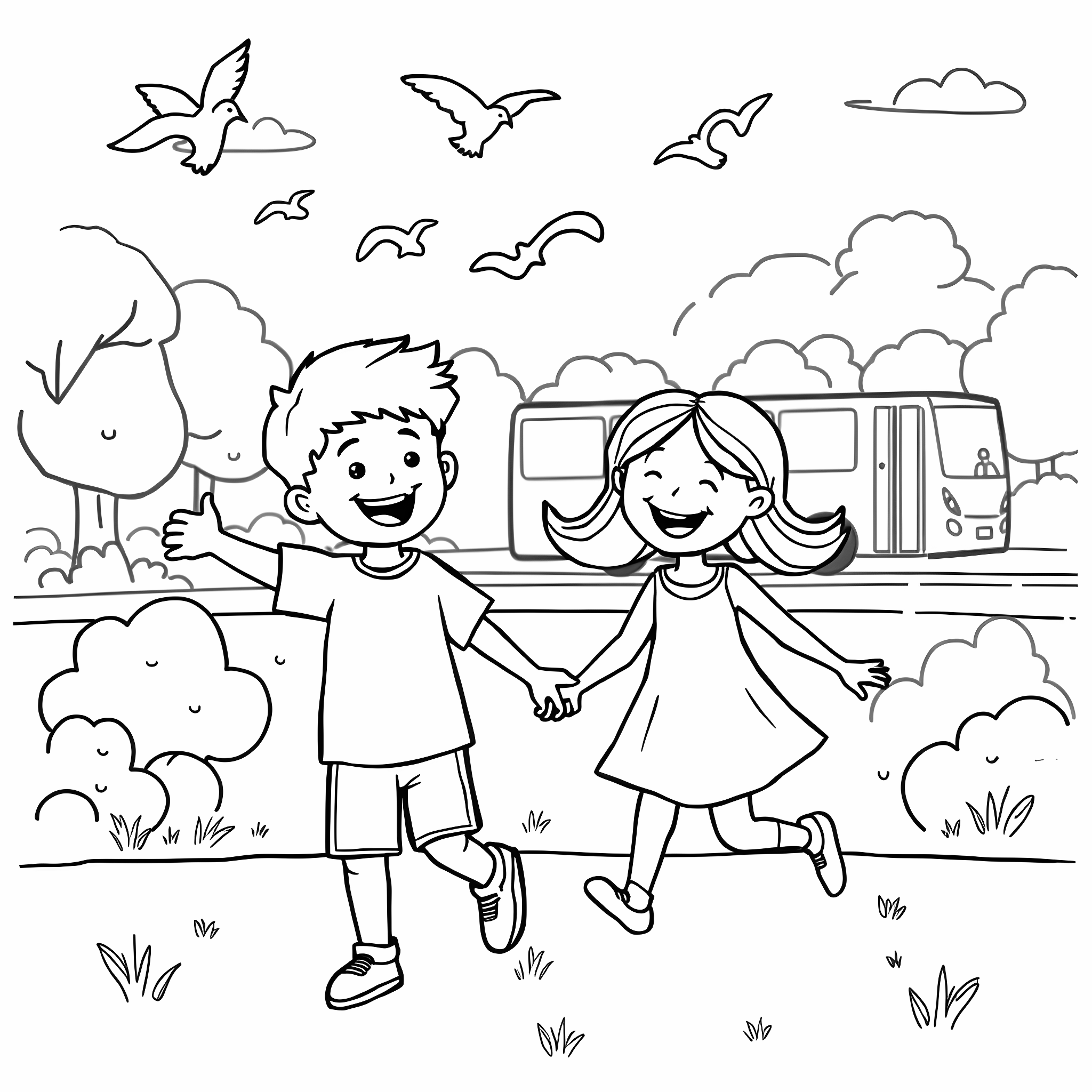 Draw Two Happy Friends A Boy And A Girl Playing In... Coloring Page