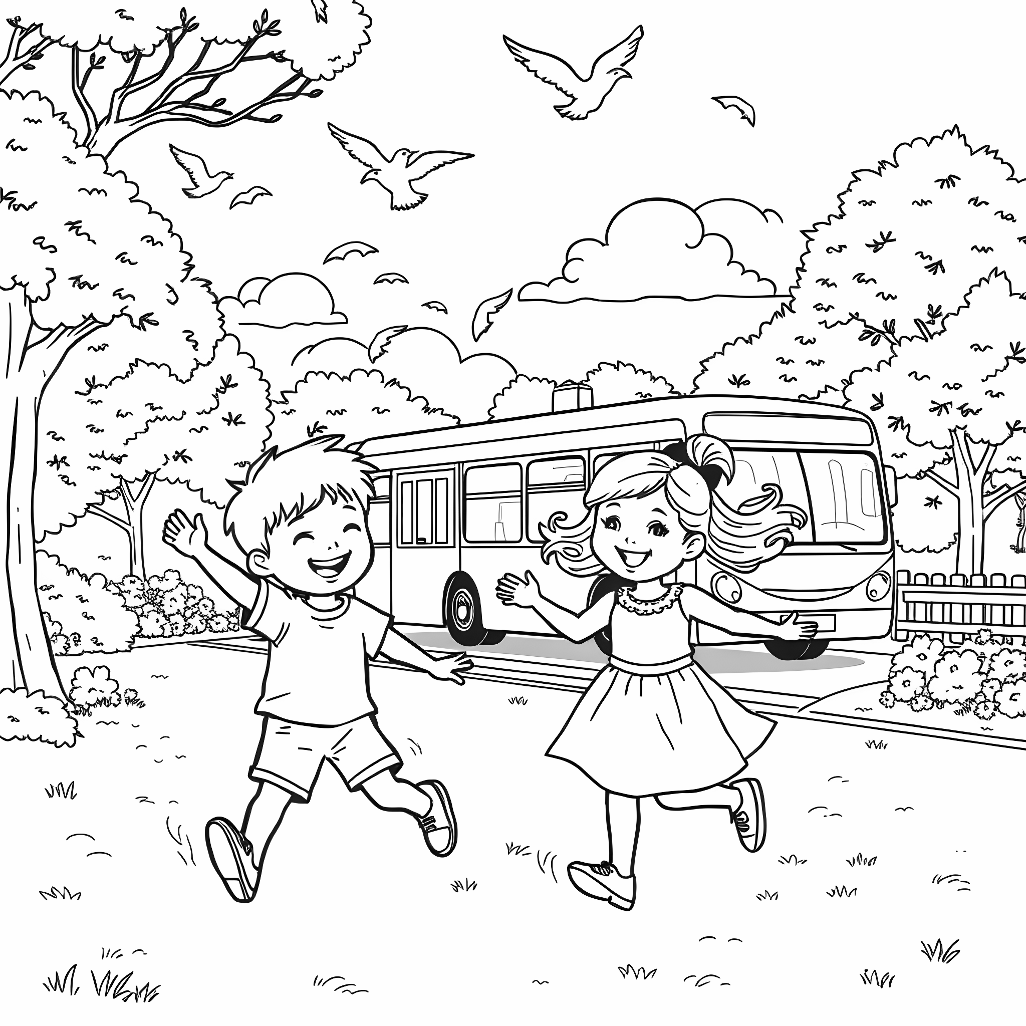 Draw Two Happy Friends A Boy And A Girl Playing In... Coloring Page