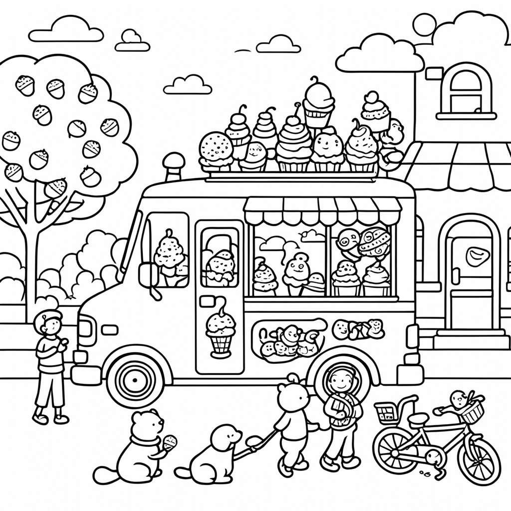 Ice Cream Truck With Kawaii Animals Coloring Page