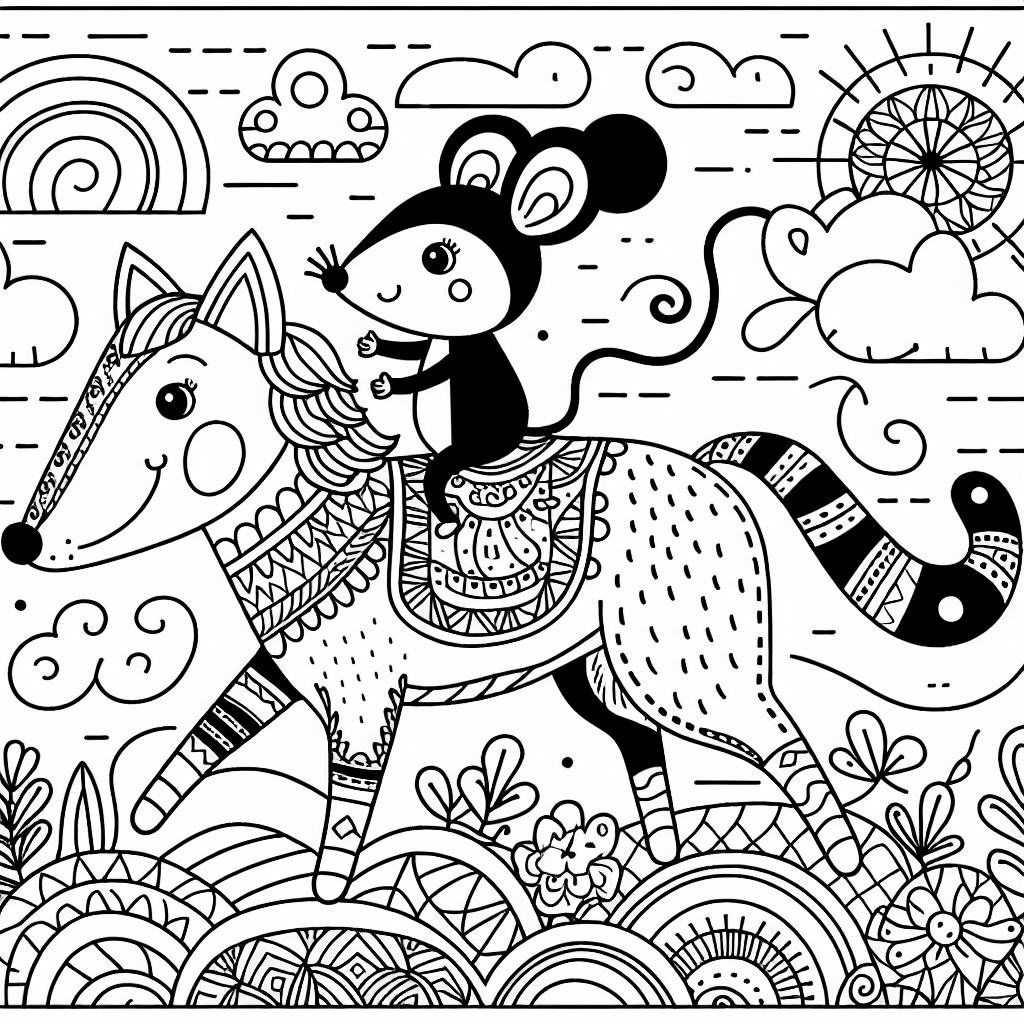 Mouse Riding A Cat Riding A Dog Coloring Page