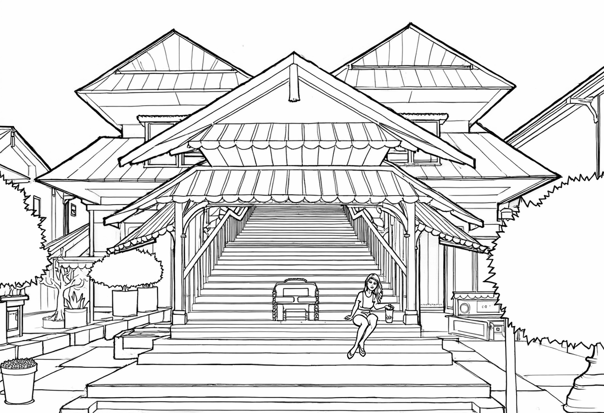A Person Is Sitting On A Set Of Stairs. Coloring Page