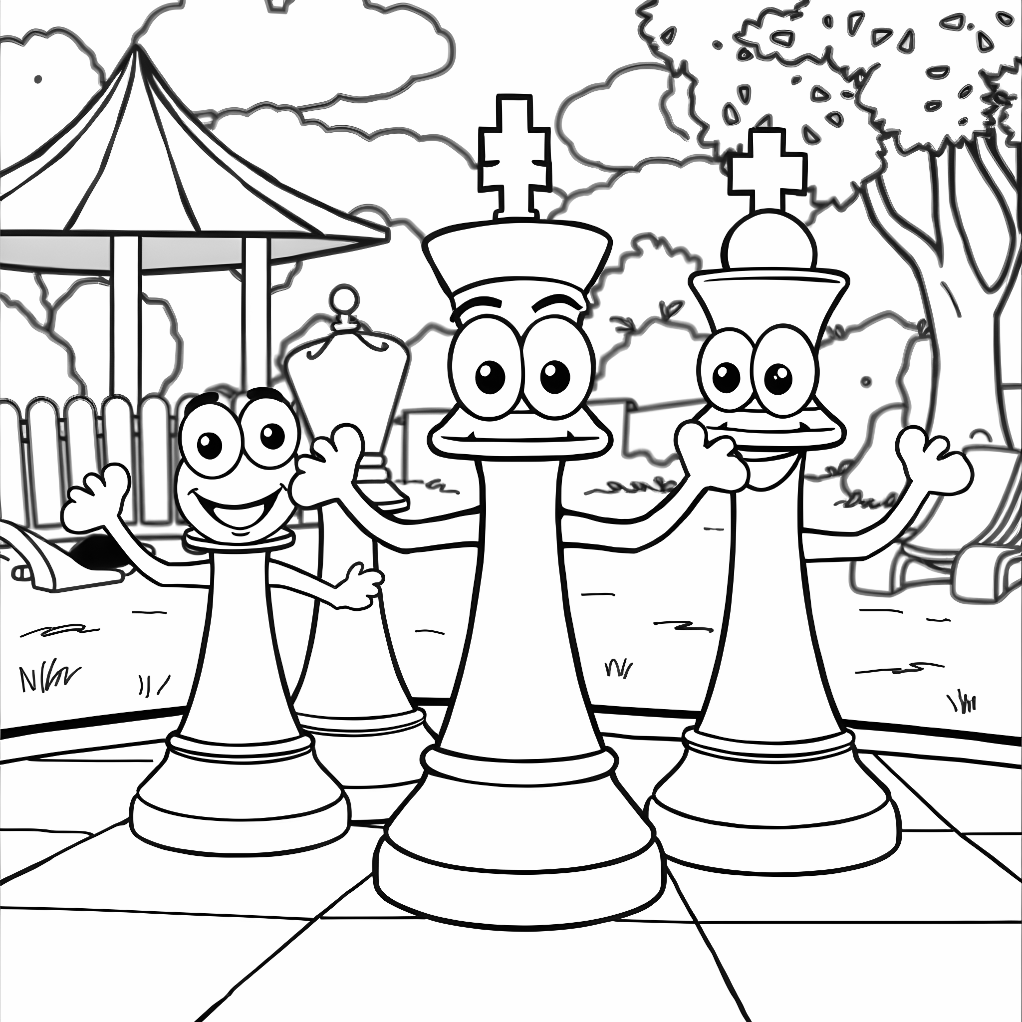 Stylized Chess Pieces With Eyes Arms Legs And A... Coloring Page