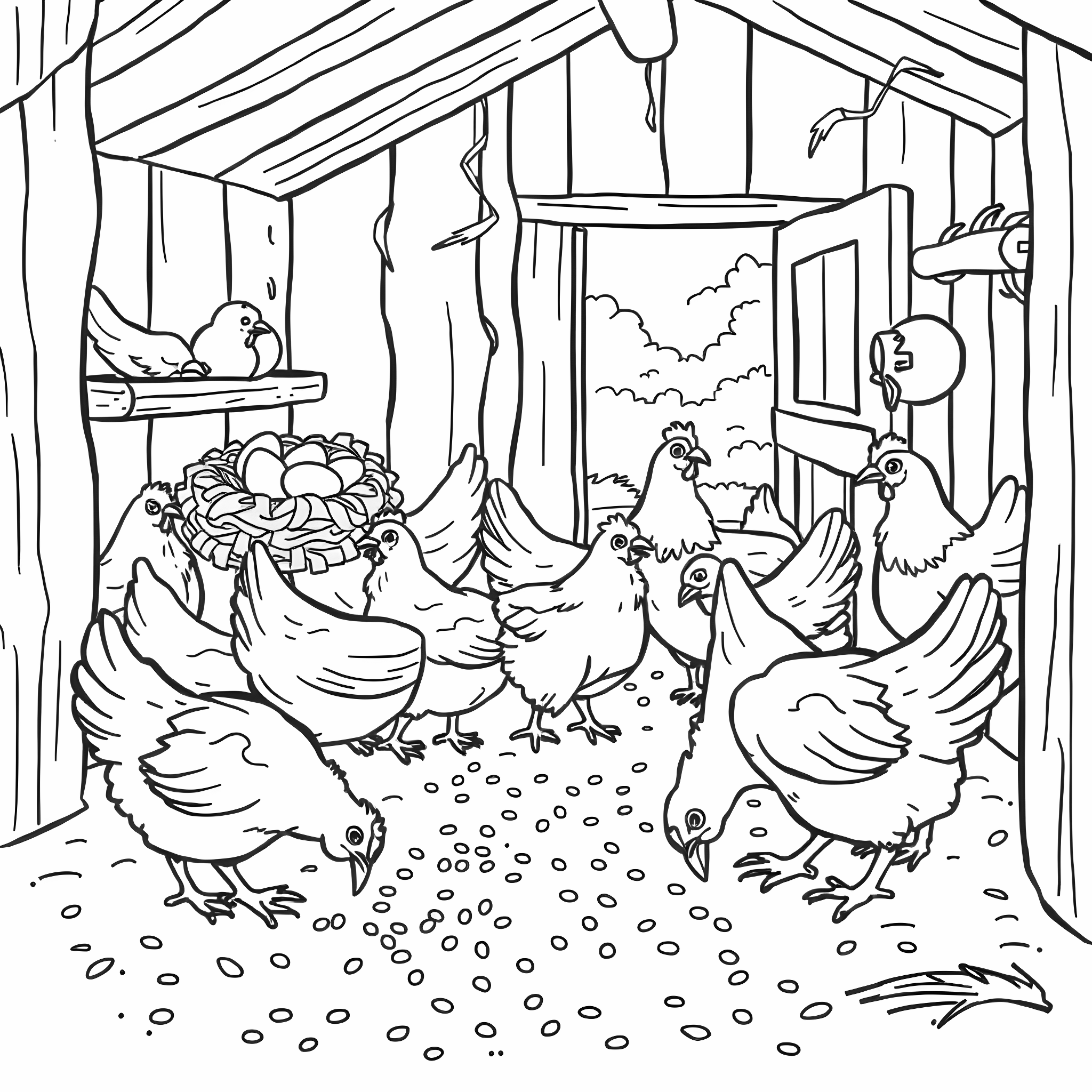 Chickens In The Coop Chickens Pecking And... Coloring Page