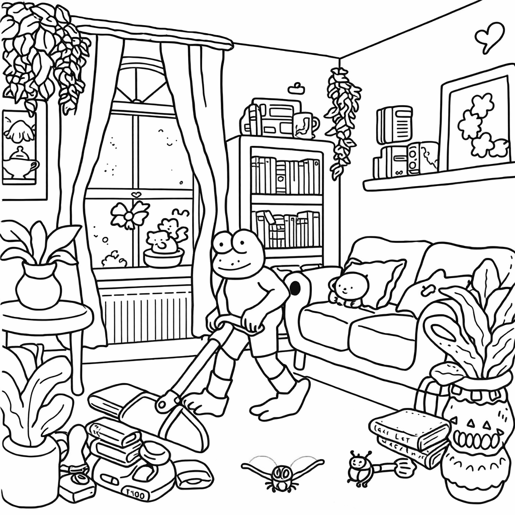 A Cute Frog Cleaning The House With A Vacuum... Coloring Page