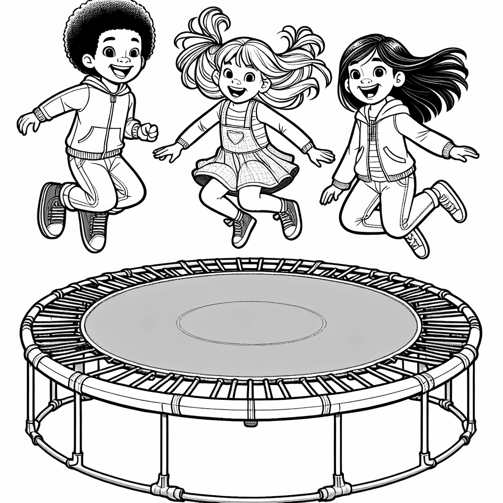 Three Kids On A Trampoline Coloring Page